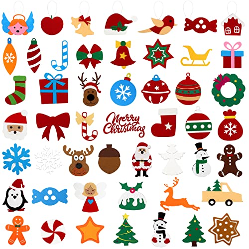 50 Pieces Christmas Tree Felt Ornament Hanging Decorations 5 Inches Mini Xmas Tree Kids Toddler DIY Felt Craft Santa Snowman Angel Reindeer Hanging Ornament for Christmas Tree Party Decorations Gifts