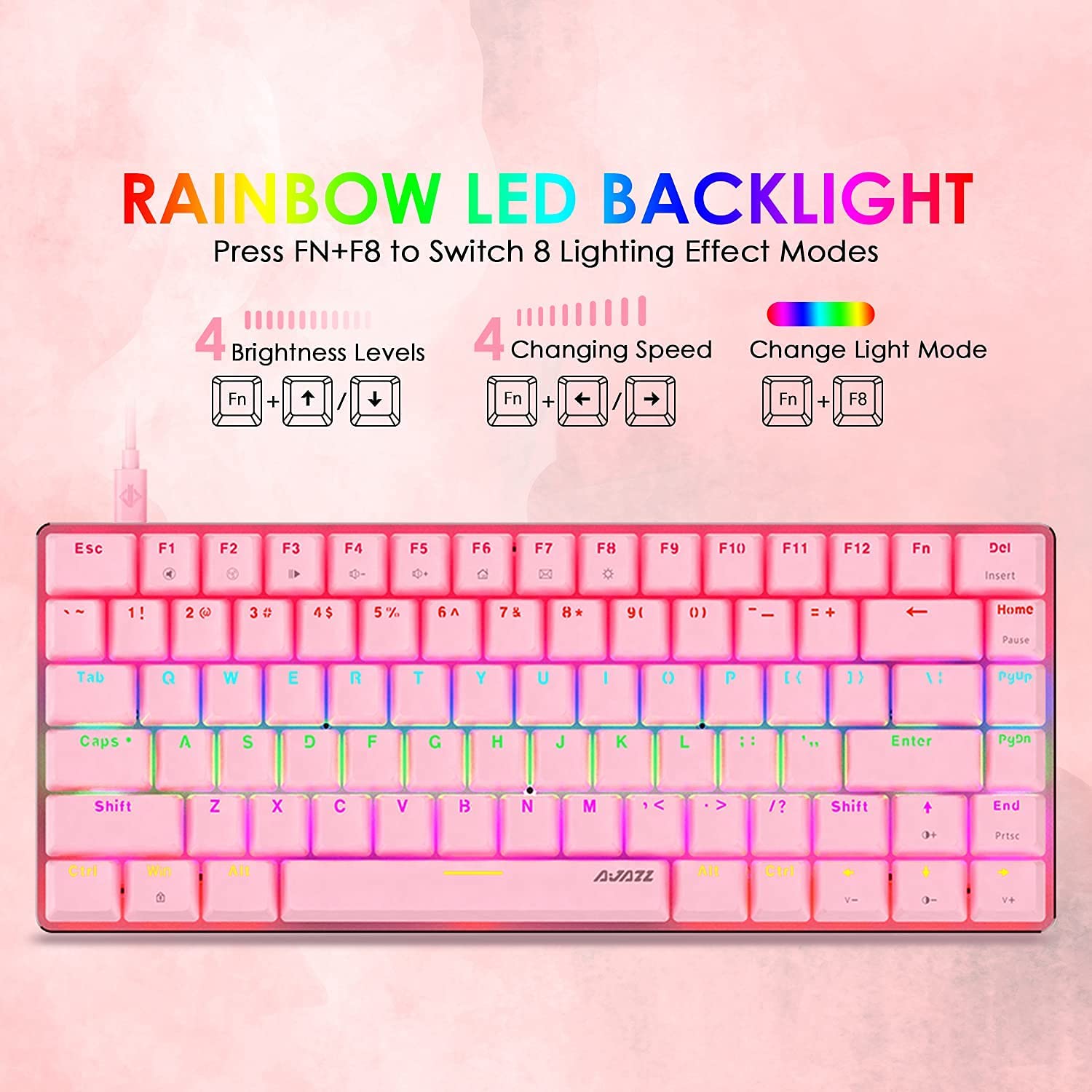 FELICON Wired Mechanical Gaming Keyboard, 82 Keys Compact Rainbow Blacklight Keyboard with Blue Switch, Small and Portable Compatible with Windows PC Laptop Mac Game Office