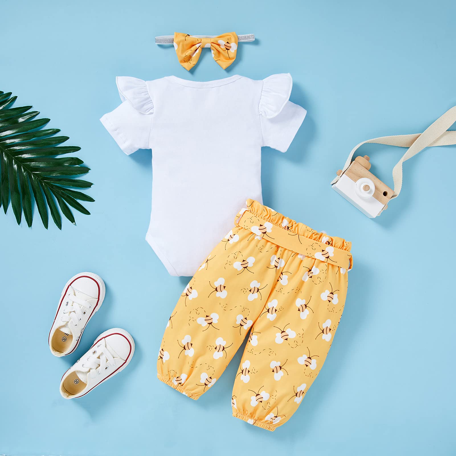 GRNSHTS Infant Baby Girl bumble bee clothes Letter Print Romper Honey Bees Pants Bowknot Headband Outfits Set(Yellow 2, 3-6 Months