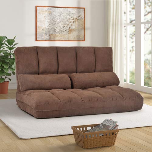 Double Chaise Lounge Sofa, Floor Sofa Bed Adjustable Sleeper Bed Futon Bed Sofa Couches 5-Position Reclining Sofa Lazy Sofa with Two Pillows (Brown)