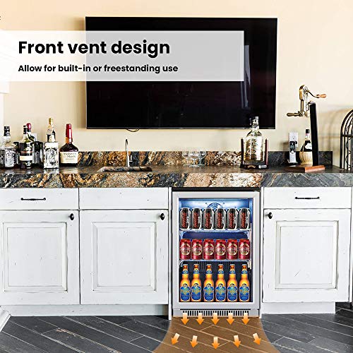 Advanics 20 Inch Wide Built in Beverage Refrigerator with Glass Door, Auto Defrost Beverage Fridge Under Counter, Blue LED Light Drink Cooler Refrigerator
