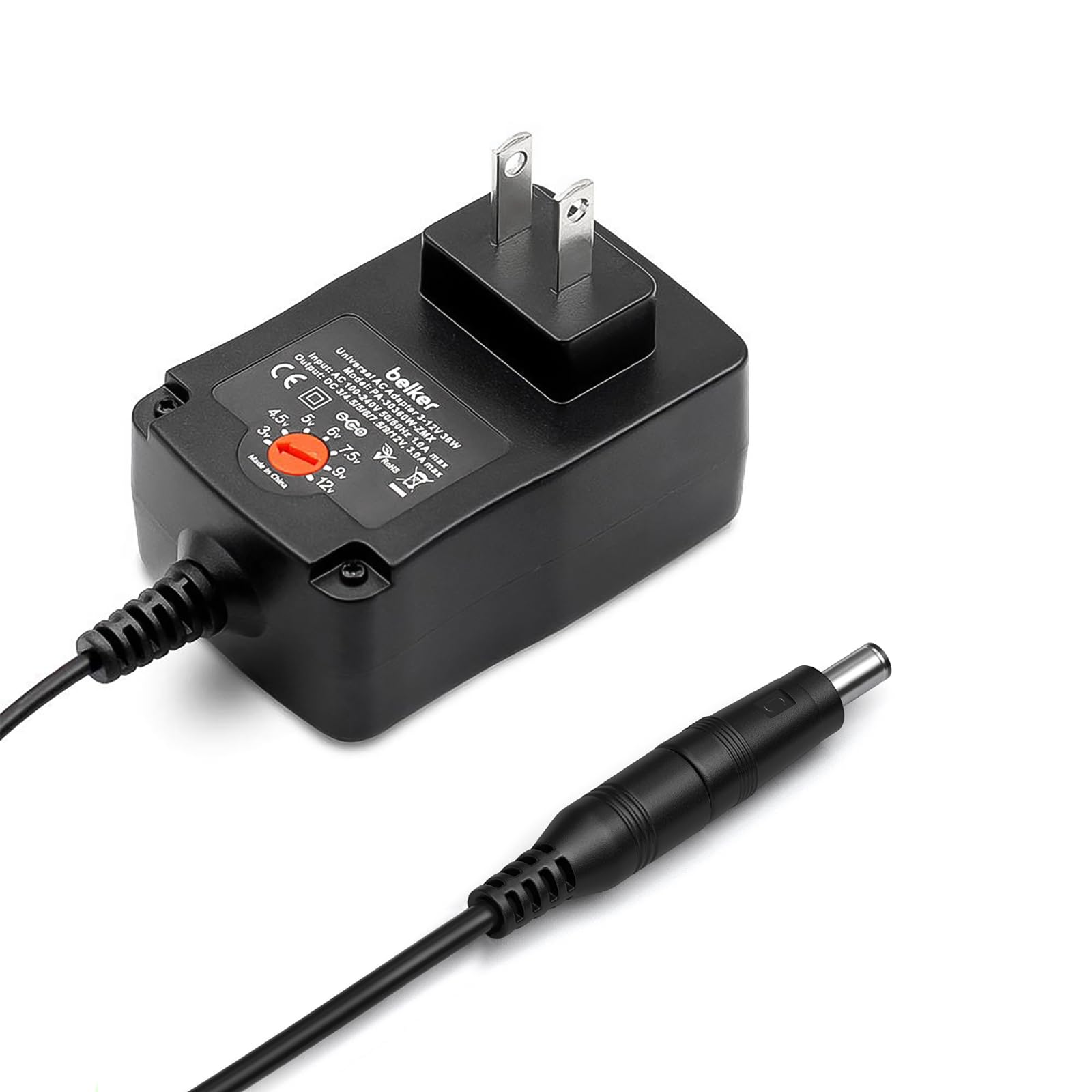 Belker 36W Universal 3V 4.5V 5V 6V 7.5V 9V 12V AC DC Adapter Power Supply for LCD LED Light Strip Router HUB Speaker Smart Phone TV Box 1A 1.5A 2A 2.5A 3A 3000mA Amp Max.