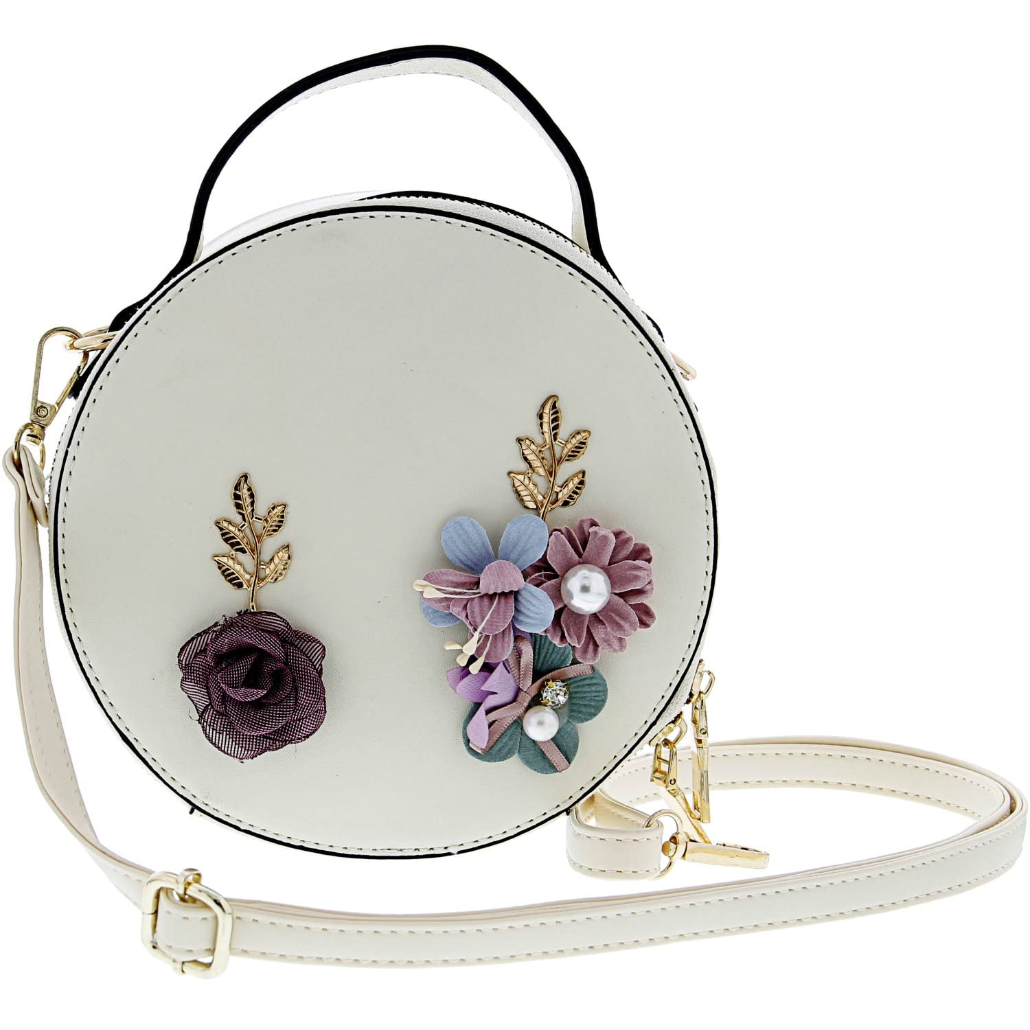 5th Elm Floral Round Crossbody Purse, Adjustable, Removable Strap, Delicate Detail - White
