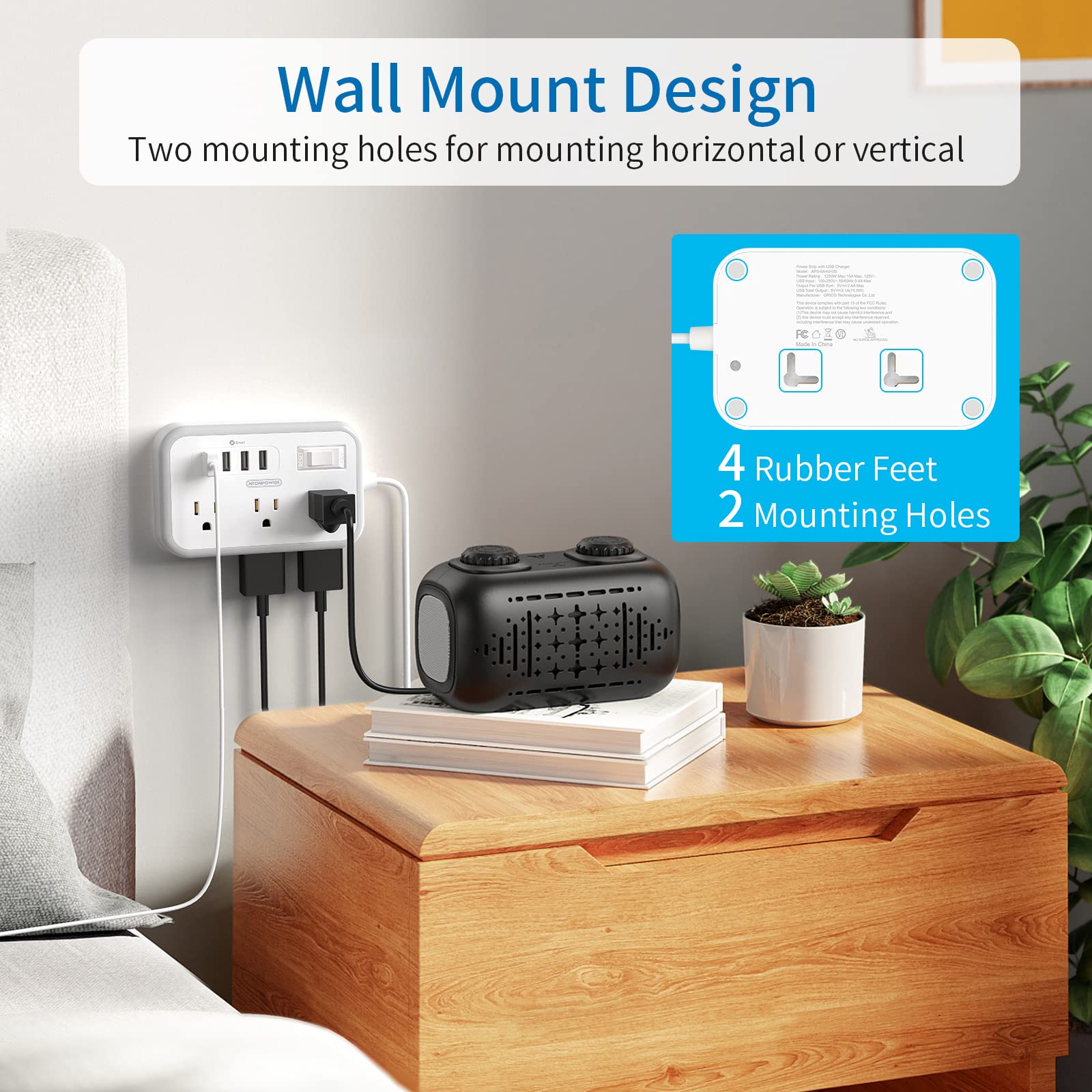2 Pack Power Strips, NTONPOWER Flat Plug Power Strip with USB, 6 Outlets 4 USB Desktop Charging Station with 5 ft Extension Cord Wall Mount for Cruise, Travel, Hotel, Indoor, Nightstand, Office, White