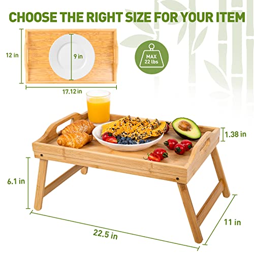 Bamboo Bed Tray,Breakfast Tray with Folding Legs Serving Tray with Carrying Handles Portable Lap Tray Lightweight Decorative Tray Food Tray for Breakfast in Bed,Reading or Working (17.1 Inch).