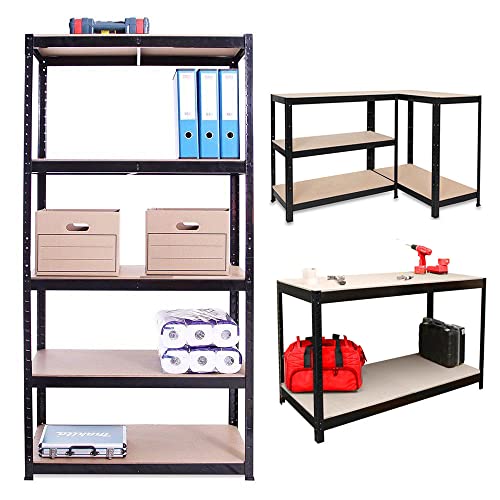 AUTOFU Garage Shed Kitchen Storage Racking Shelving Unit 77x39x20inch(H*W*D) Adjustable 5 Shelf Metal Shelves Boltless Assembly System Easy to Set Black