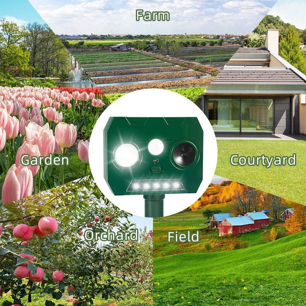 2024 Solar Ultrasonic Animal Repellent Outdoor Cat Deterrent with Flash Light Motion Sensor for Squirrel Cat Deer Skunk Rabbit Coyote Dog, Deer Repellent Devices Skunk Repellent for Yard, 4 Pack
