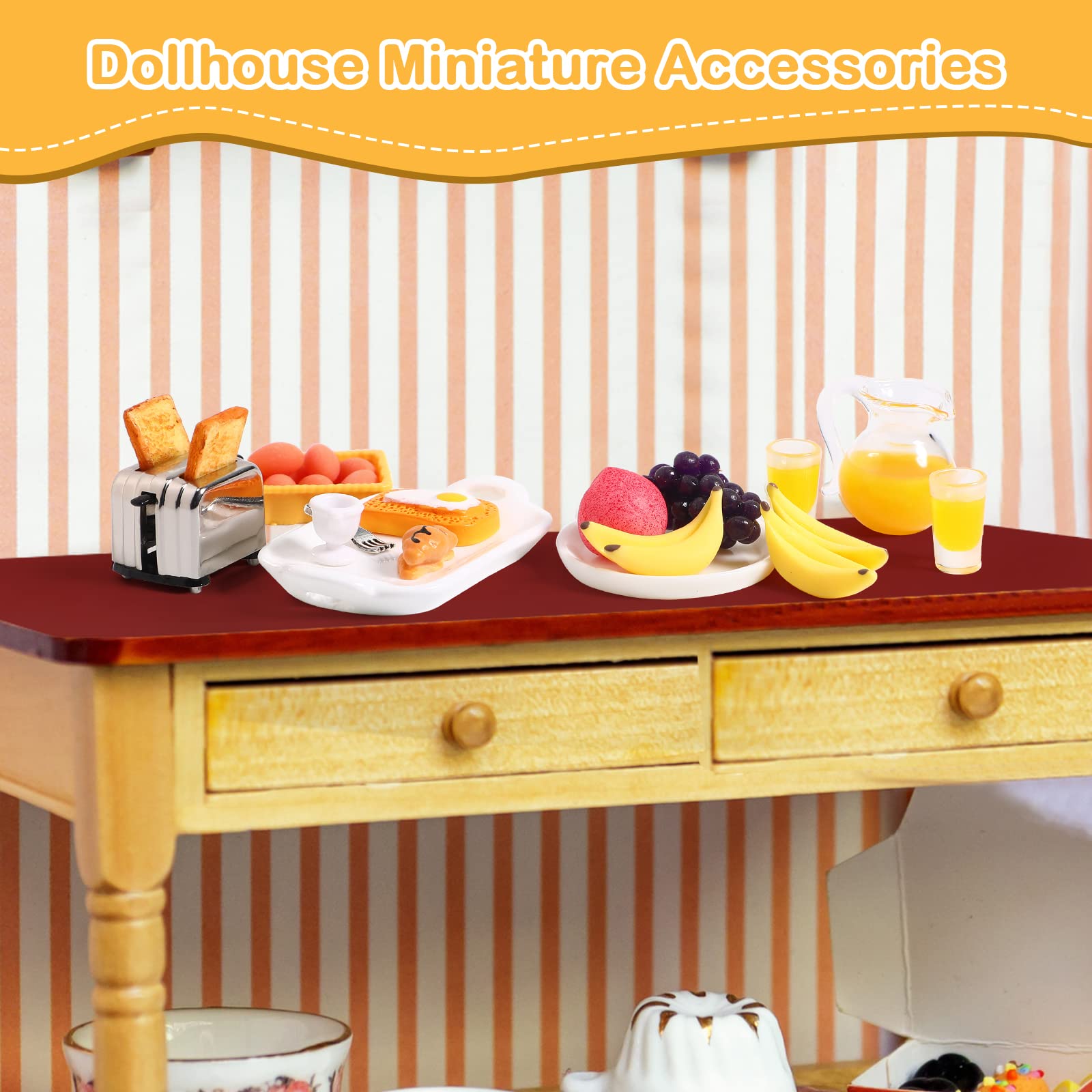 44 Pieces 1:12 Dollhouse Miniature Breakfast Kitchen Accessories Mini Toast Machine Bread Juice Milk Eggs Cups Fruits Plates Knife Fork Spoons for Dollhouse Kitchen Scene and Cake Topper Decor