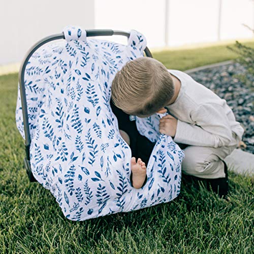 Bebe au Lait Classic Muslin Car Seat Cover, Easy Snap Straps, Fully Zippered Opening - Blue Leaves