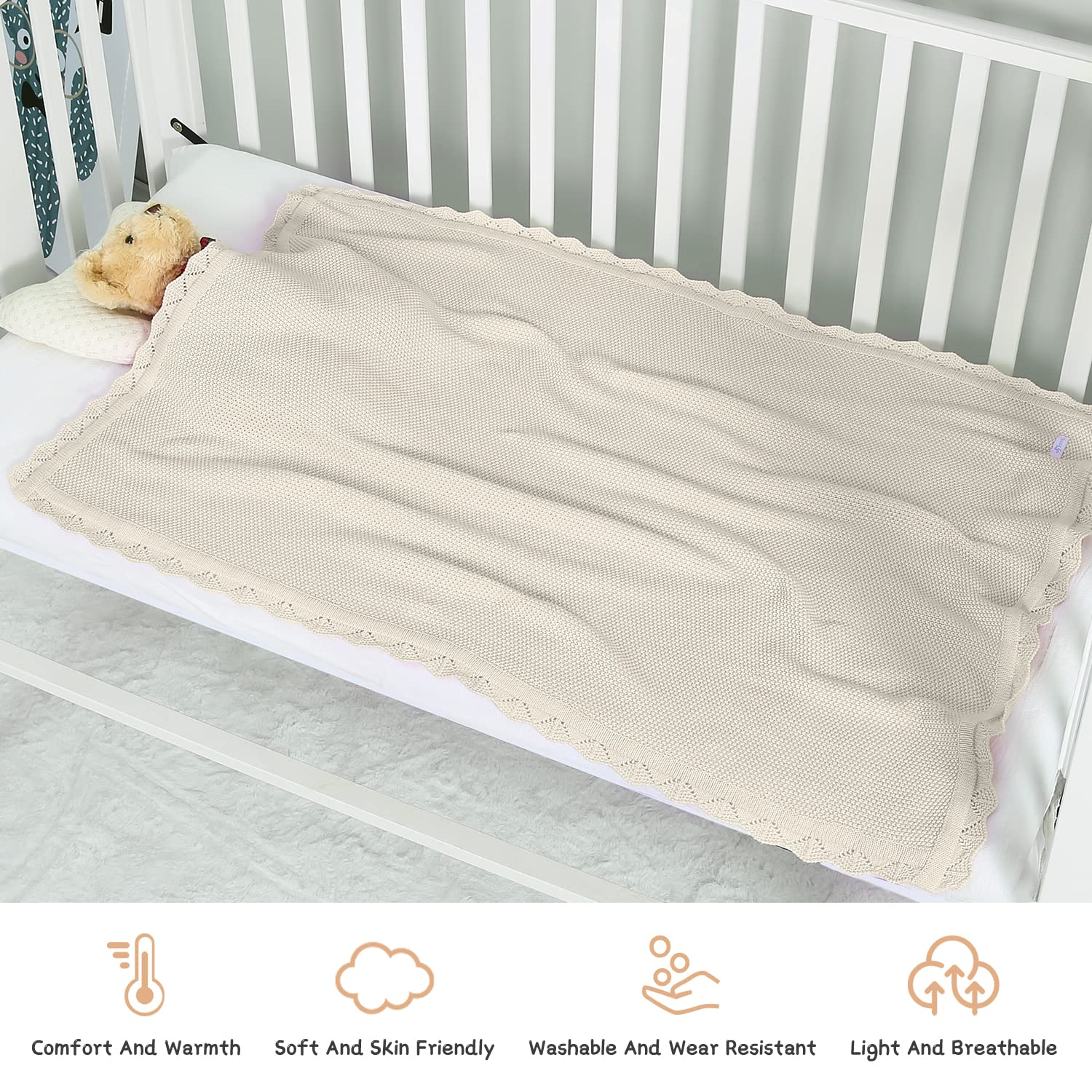 100% Cotton Baby Blanket Knit Lace Soft Warm Toddler Blanket, 30 x 40 Inches,Beige Melange
