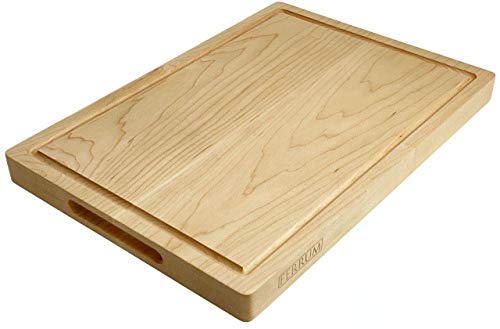 Wood Cutting Board Hard Maple 17x12x1.25 Inches Reversible with Handles and Juice Groove, Extra Thick Butcher Block Chopping Board Handmade By Ferrum.