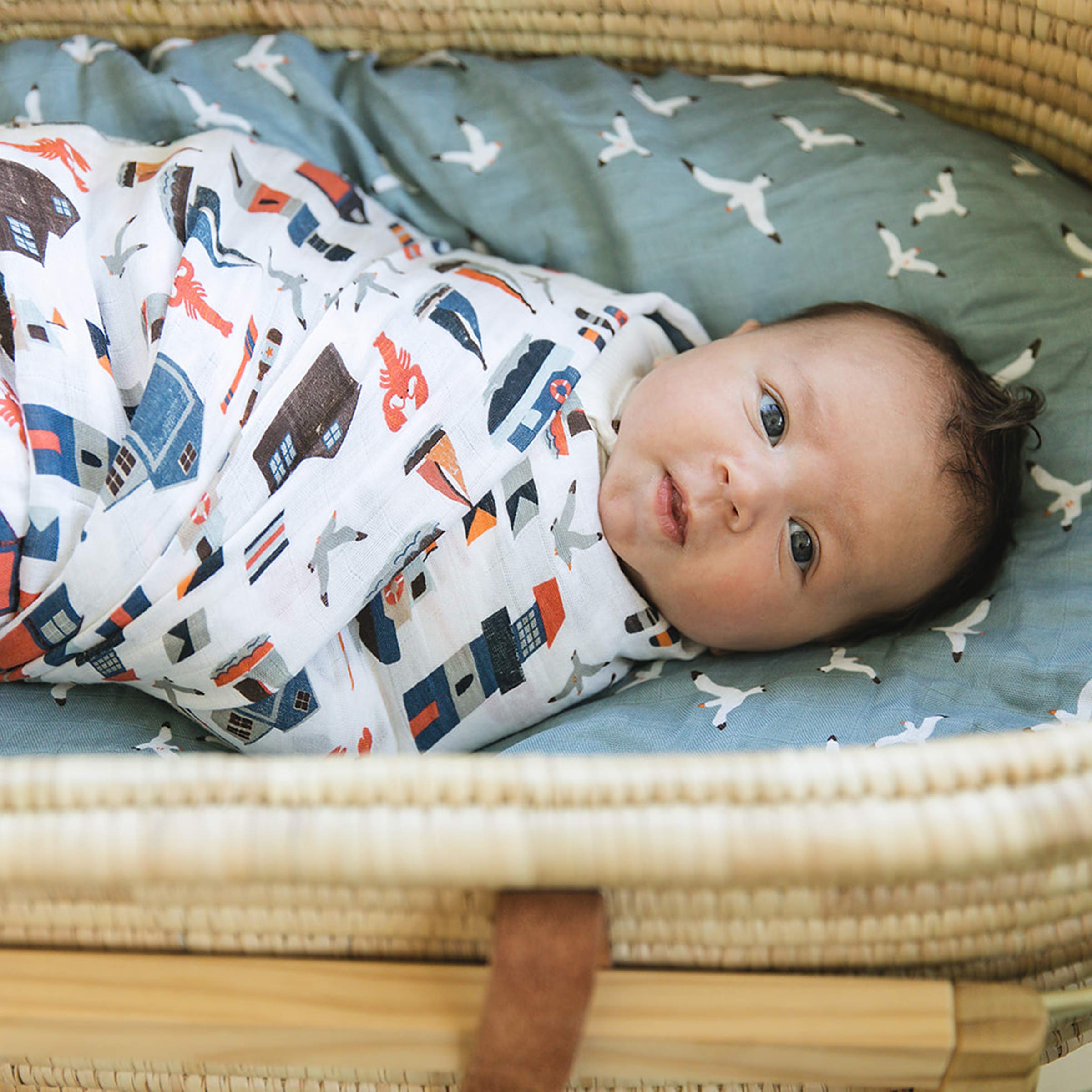 Bebe au Lait Nautical Seagulls Oh-So-Soft Muslin Swaddle Blankets, Blue, One Size (SWBBNT)