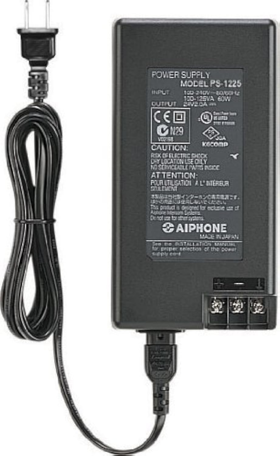 Aiphone Corporation PS-1225UL 12V DC, 25A Power Supply for LEF Series, MP-S Series, TD-Series, or New-5, Fire-Retardant, ABS Plastic Construction