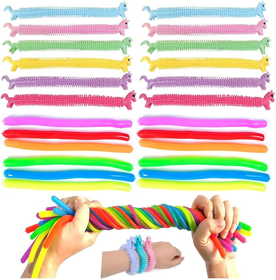 24 Packs Monkey Noodles,Stretching Strings,12 Pcs Unicorn Shaped,12 Pcs Noodle Shaped,Sensory Fidget Set, Stretching up to 4.3-6 feet length,monkey noodle fidget set,fidget noodles