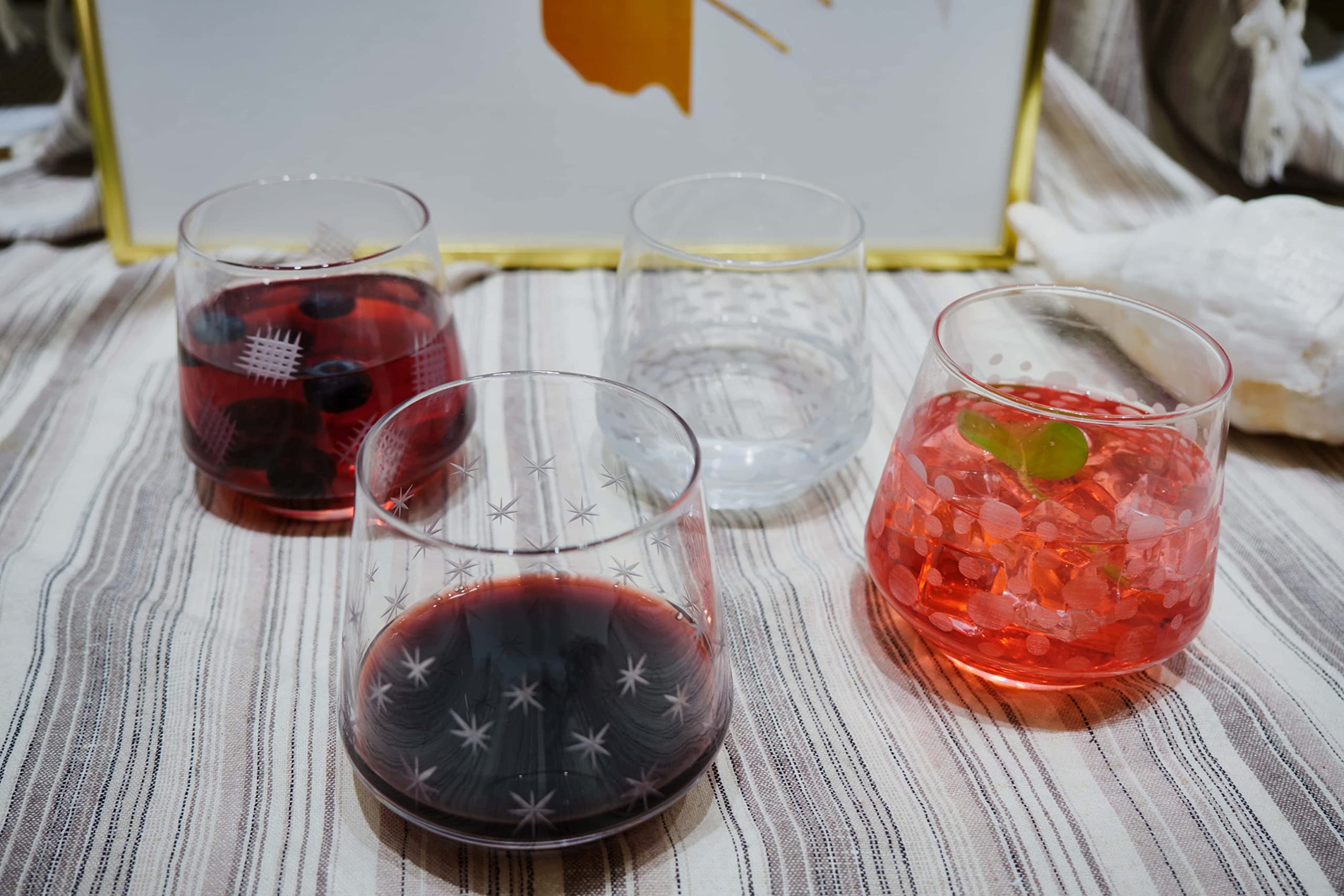 1917 Hand Blown Etched Stemless Wine Glasses set of 4-12.8oz, Wine Tumblers for Red and White Wine, Water Glasses, Drinking Glasses Gift Cup Sets