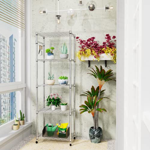 BATHWA 5-Tier Wire Shelving Unit on Wheels, Heavy Duty Rolling Shelving Rack, Chrome Shelves for Bathroom, Kitchen, Living Room