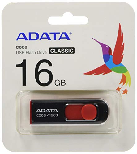 A-DATA TECHNOLOGY C008 16GB USB 2.0 Retractable Capless Flash Drive, Black/ Red (AC008-16G-RKD)