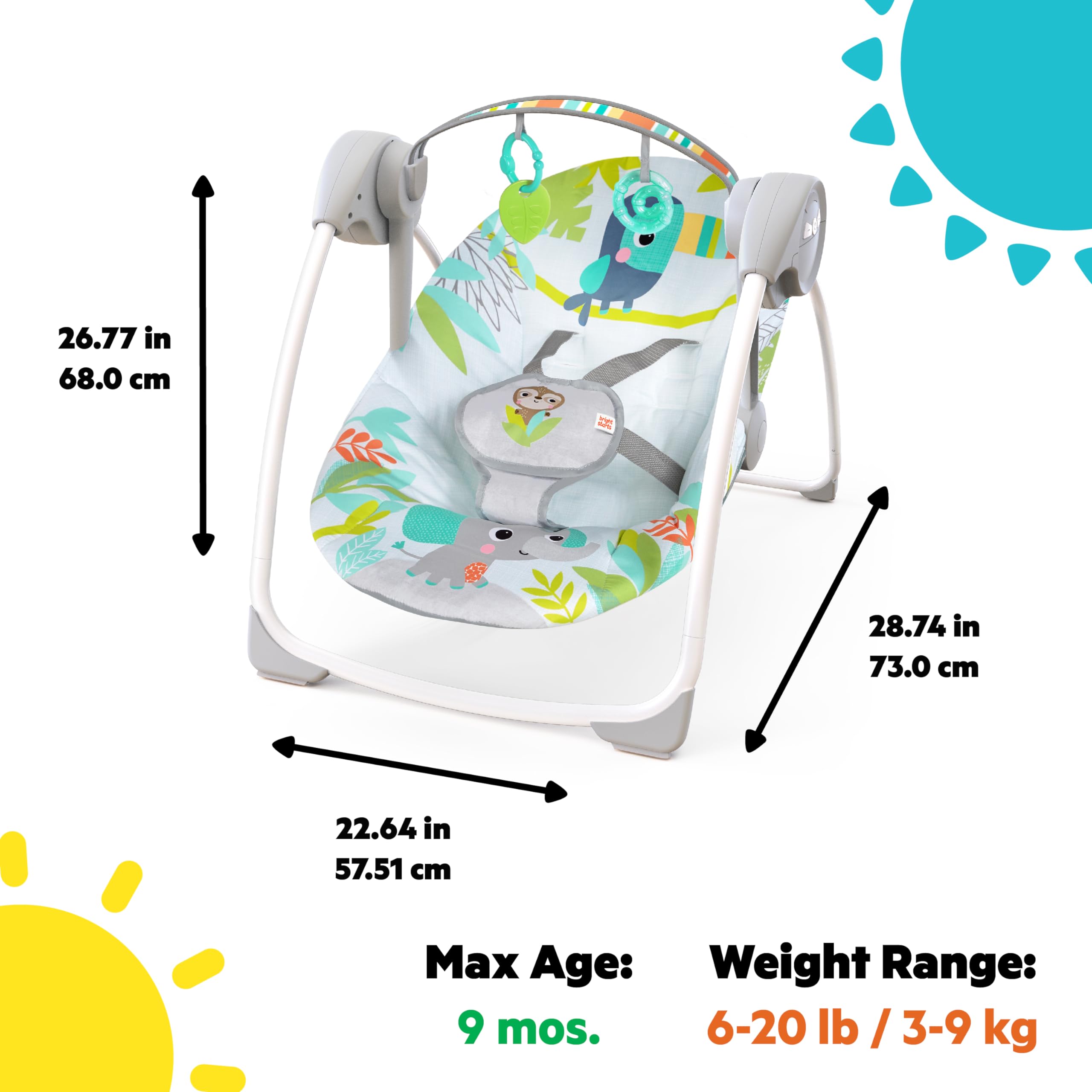 Bright Starts Portable Automatic 6-Speed Baby Swing with Removable -Toy Bar, 0-9 Months 6-20 lbs (Rainforest Vibes)