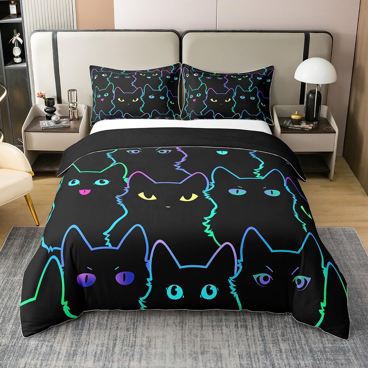 100% Cotton Kids Bedding Cartoon Queen Size,Gradient Line Cute Cat Bedding Set For Teens Kids Boys Girls Adults Room Decor,Kitten Pet Colorful 3D Animal Cat Lover'S Duvet Cover,Black,Reversible