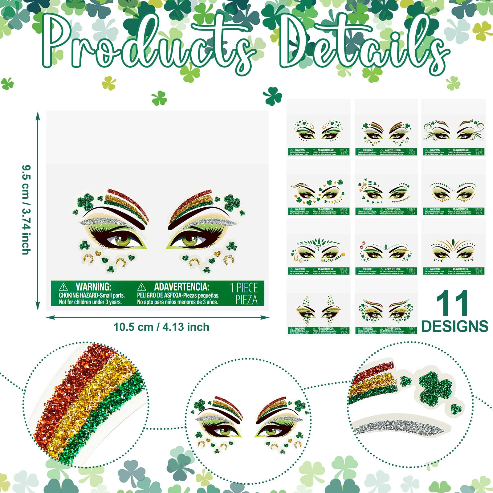 117 Pcs St. Patrick's Day Glitter Face Tattoos Green Face Jewelry Tattoos Temporary Face Jewelry Three Leaf Glitter Shamrock Clover for St. Patrick's Day Party Accessory, 33 Sheets