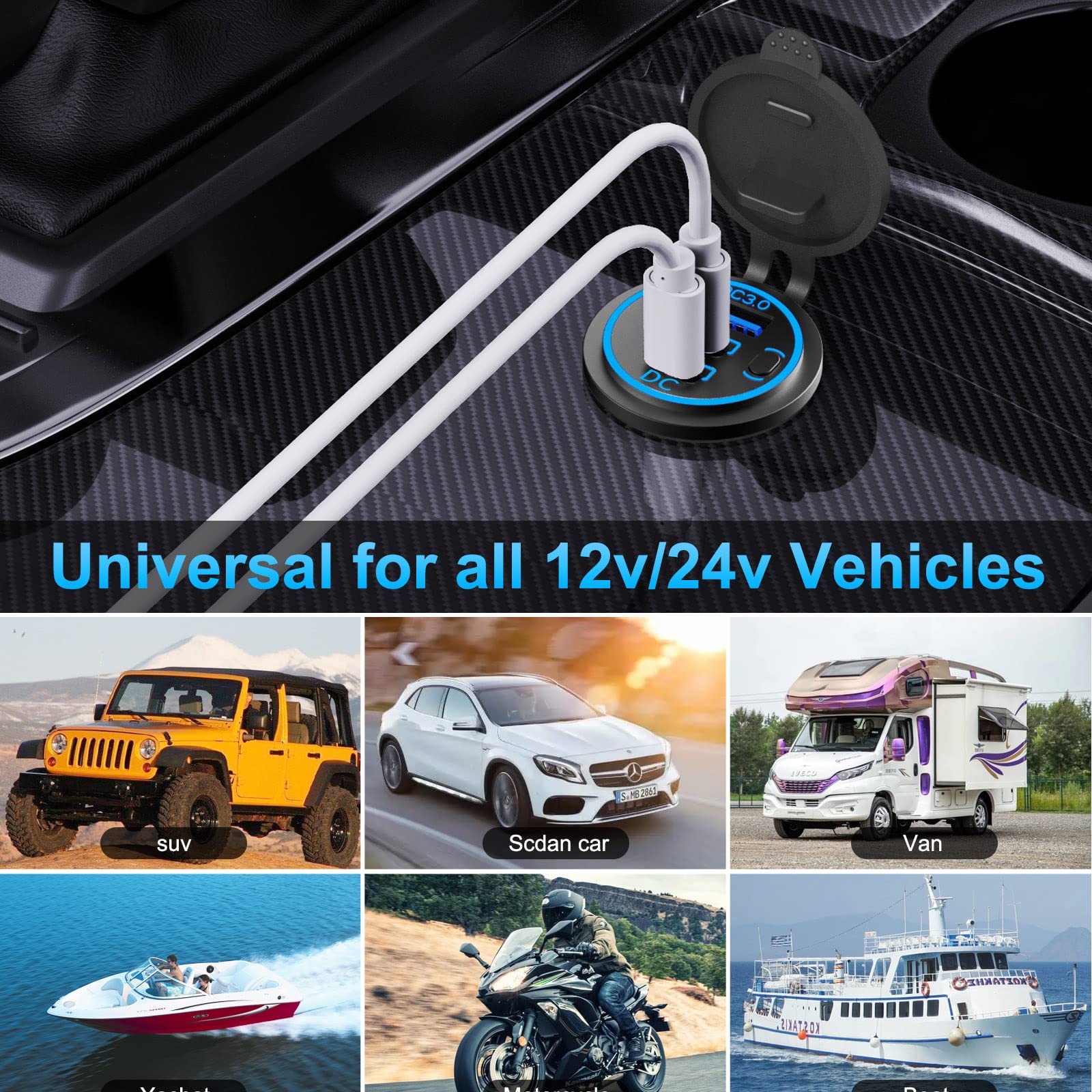 12V USB Outlet Wire USB Charger Multi Port, Dual PD3.0 USB-C and Quick Charge3.0 Car USB Port Socket with Power Switch, Fast Charge for iPhone iPad Android Phones, Suitable for Car Boat RV Marine ATV