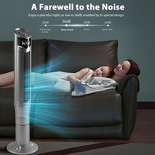 Antarctic Star Tower Fan Oscillating Fan Quiet Cooling Remote Control Powerful Standing 3 Wind Modes Bladeless Floor Fans Portable Bladeless Height Adjust, 8 Wind Speed Bedroom Office 47-Inch Silver