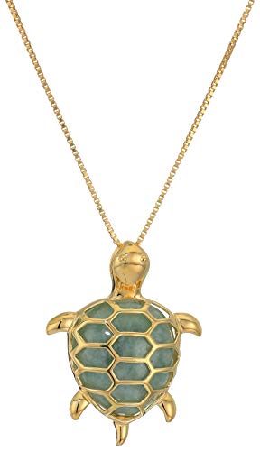 Amazon Collection womens 18k Yellow Gold Plated Sterling Silver Genuine Green Jade Turtle Pendant Necklace, 18"