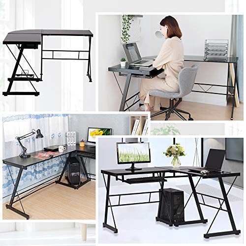 L Shaped Computer Desk Office Corner Desk,Modern Gaming Desk Home Office Desk Tempered Glass Workstation Desk,with Keyboard Tray and CPU Stand 3-Piece PC Laptop Study Writing Workstation Table- Black