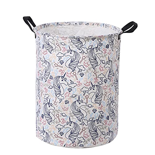 LOTADILO Laundry Basket Storage Baskets with Handle Nursery Hamper Collapsible Large Sized Round Bin for Bedroom, Kids Boys and Girls, Office, Clothes,Toys （Unicorn）