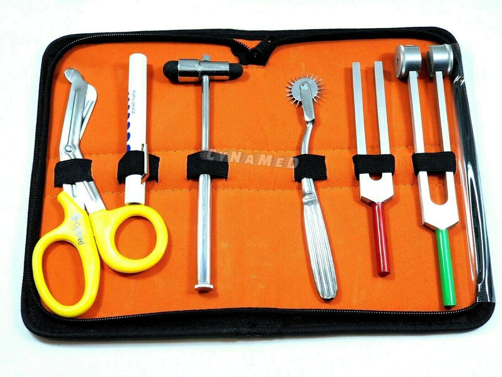 Student Diagnostic Kit- Reflex Hammer & Tuning Fork Set C 128 And C 512 + Wartenberg Pinwheel Premium Steel Bandage Scissor 7.5β (Set Of 6 Reflex Buck Hammer Yellow Scissor Penligh)