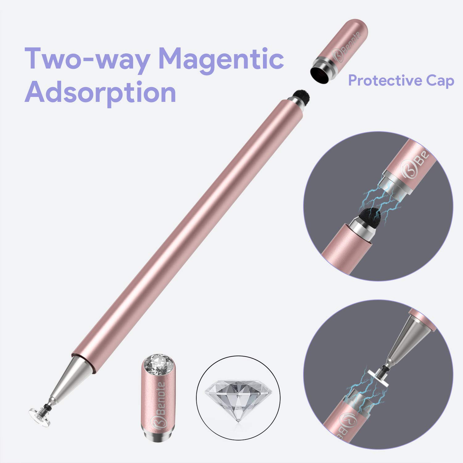 Benote Stylus Pen for Touch Screen, Fine Tip Stylus with Rubber Tip Disc Tip High Sensitivity Drawing Writing Tablet Pen for ipad, iPhone, Apple, Android, hp Chromebook, Phone - Rose Gold