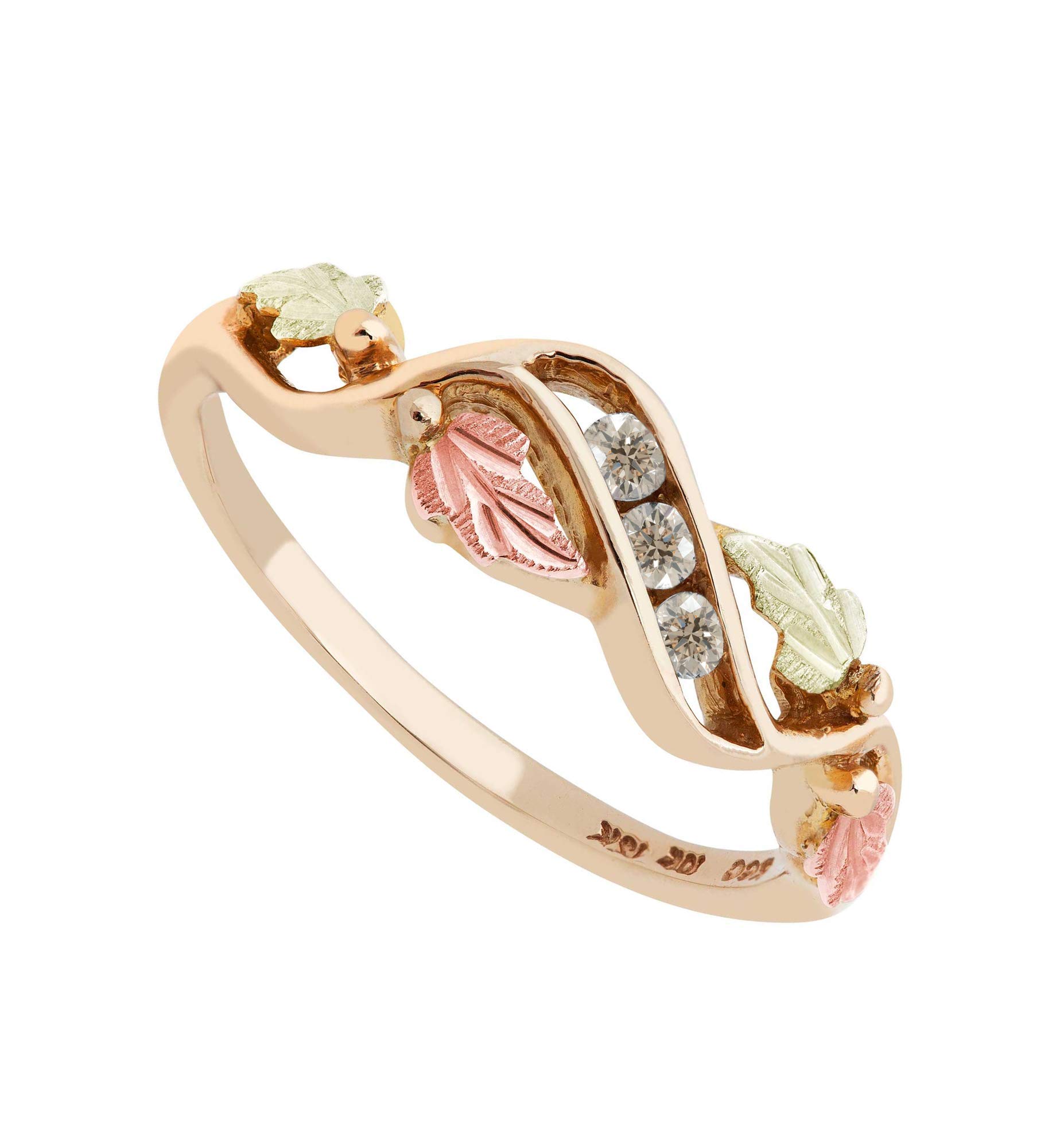 10k Yellow Gold 3-Stone Diamond Ring, 12k Rose and Green Black Hills Gold (.10 Ctw, Top Light Brown) Size 10