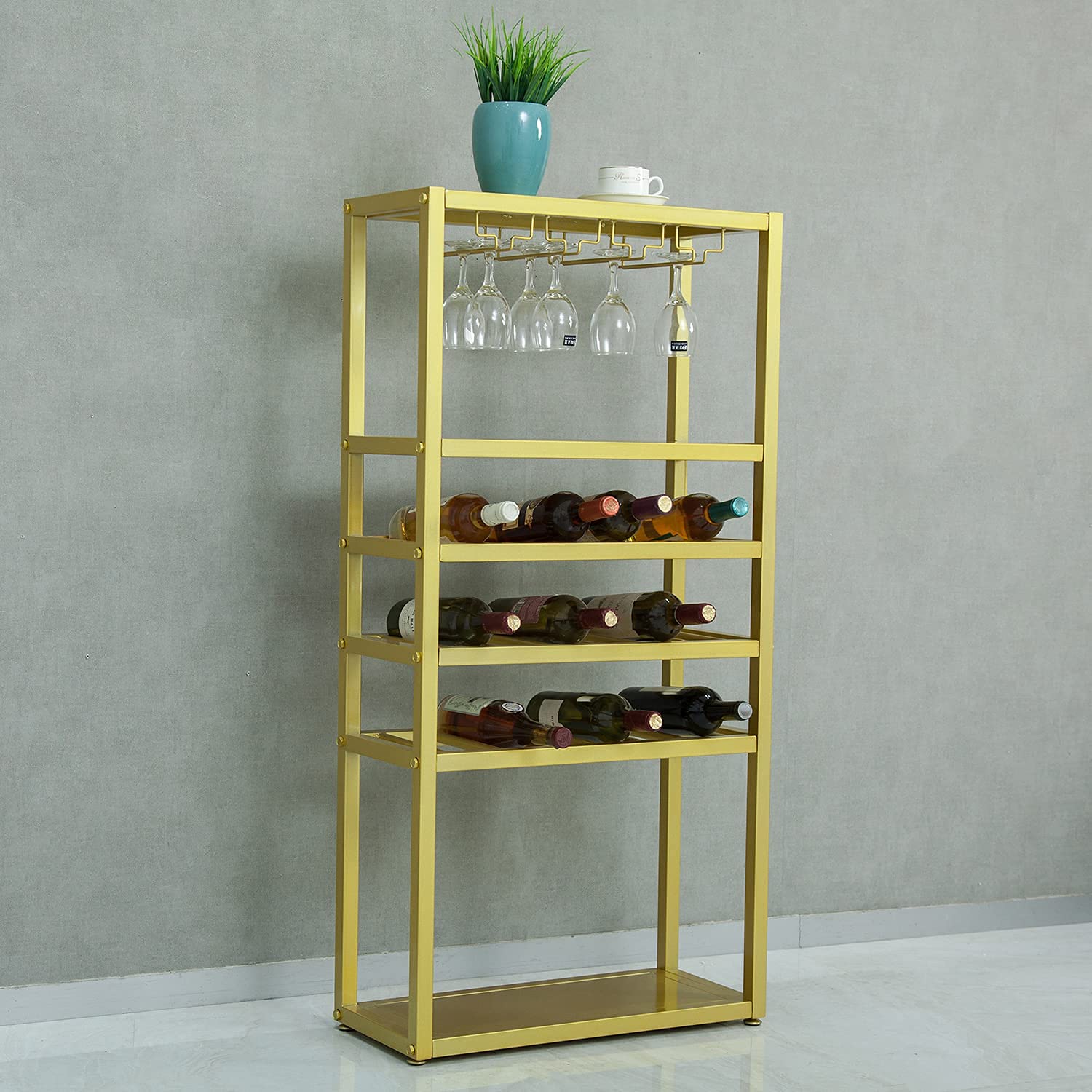 18 Bottles Metal Wine Rack 6-Tier Free Standing Wine Holder with Glass Holder, Heavy Duty Wine Bottle Organizer with Storage Shelf, Display Stand Rack with Wheels, Gold, 23.6''L x 9.8''W x 47.2''H