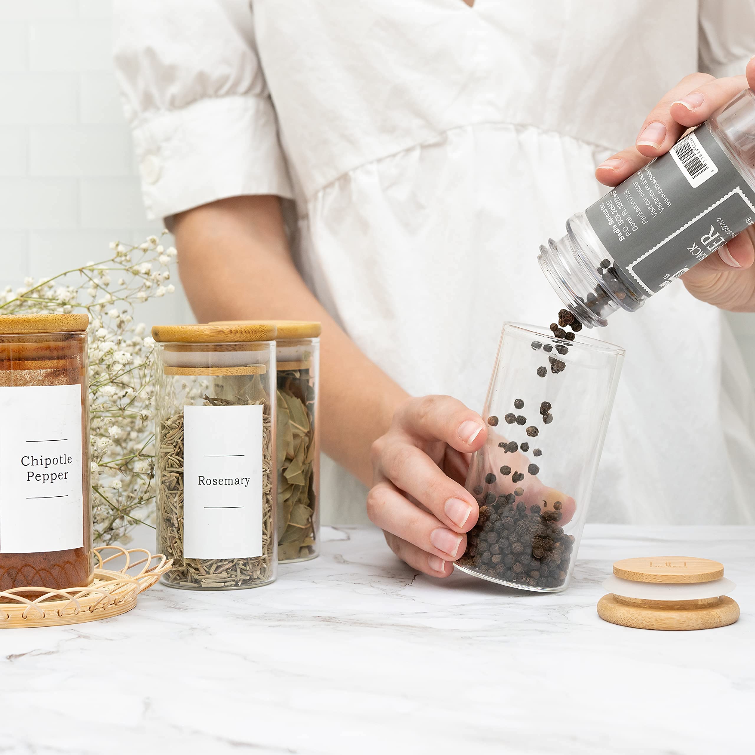 12 Piece- 5oz Eco-friendly Bamboo Lid Glass Spice Jar Set with 84-Minimalist Pre-Printed Waterproof Spice Labels, 16-Blank Labels– For Spices, Seasoning, Herb Storage and Kitchen Organization