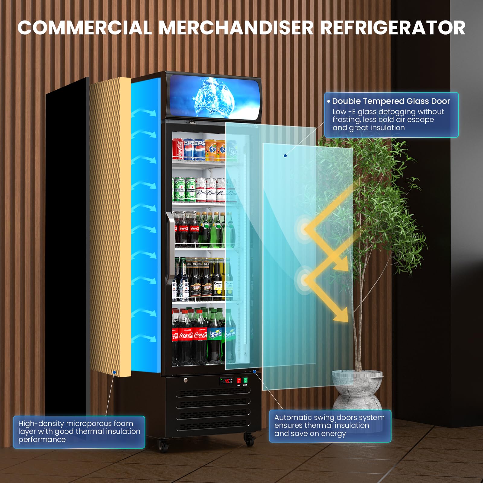 12 Cu Ft Commercial Display Fridge for Beverage,Glass Door Upright Refrigerator Merchandiser with Front LED Light,Large Freestanding Compact Slim Business Cooler for Shop,Restaurant,Apartment,etc