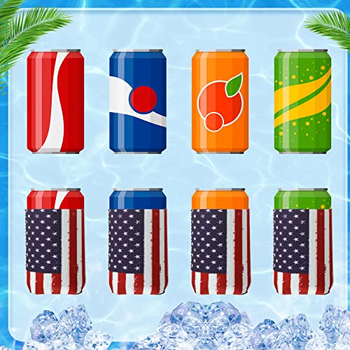24 Pcs Summer Can Cooler Sleeves Reusable Usa Flag Can Cooler Collapsible American Flag Can Covers for Beer DIY Neoprene Beer Bottle Cooler Insulation with Stitches for Drink Holder Party, 12 oz