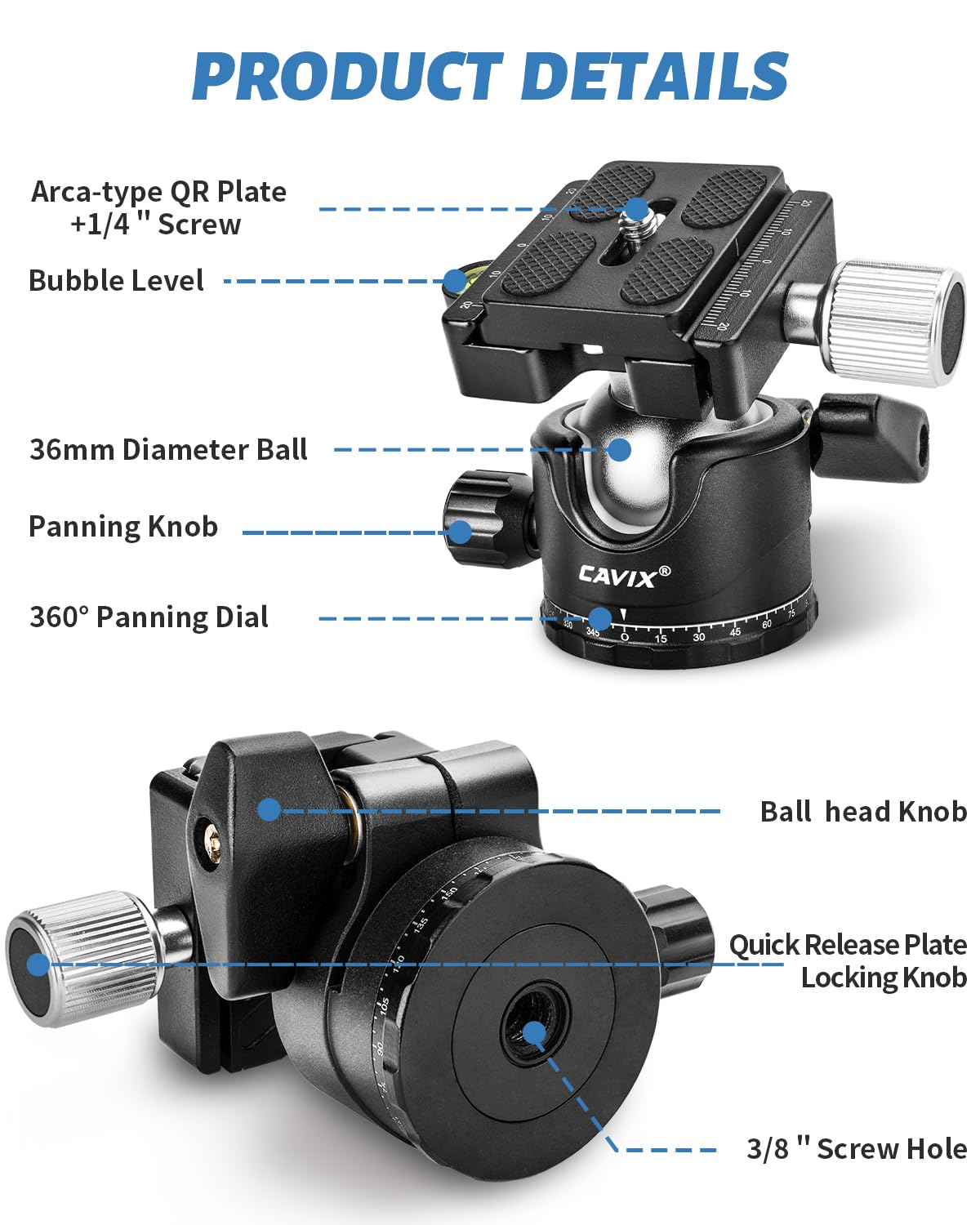 Ball Head Mount, CAVIX 36mm Ball Head Camera Tripod Head with 1/4β Arca Swiss Quick Release Plate for Tripod, Monopod, DSLR, Camera,Load 33lb/15kg