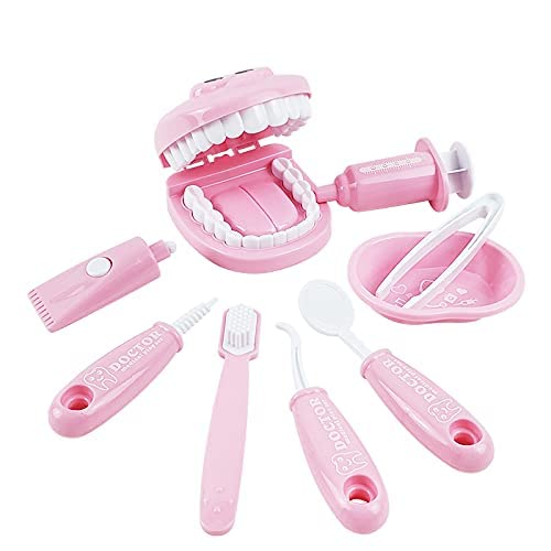 9PCS Plastic Simulation Dentist Play Set Medical Kit Pretend Toy for Kids Hygienic Habbit Cultivation Role Play Game for Children 6 Colors (Purple/Pink/Yellow/Green) Simple OPP Bag Packaging (Pink)