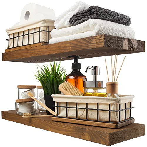 BAOBAB WORKSHOP Wood Floating Shelves Set of 2 - Rustic Shelf 24 inch - Made in Europe - Wide Wooden Wall Shelves for Living Room Bedroom Kitchen Bathroom Farmhouse - Walnut Color - 24D x 6.7W x 1.2H