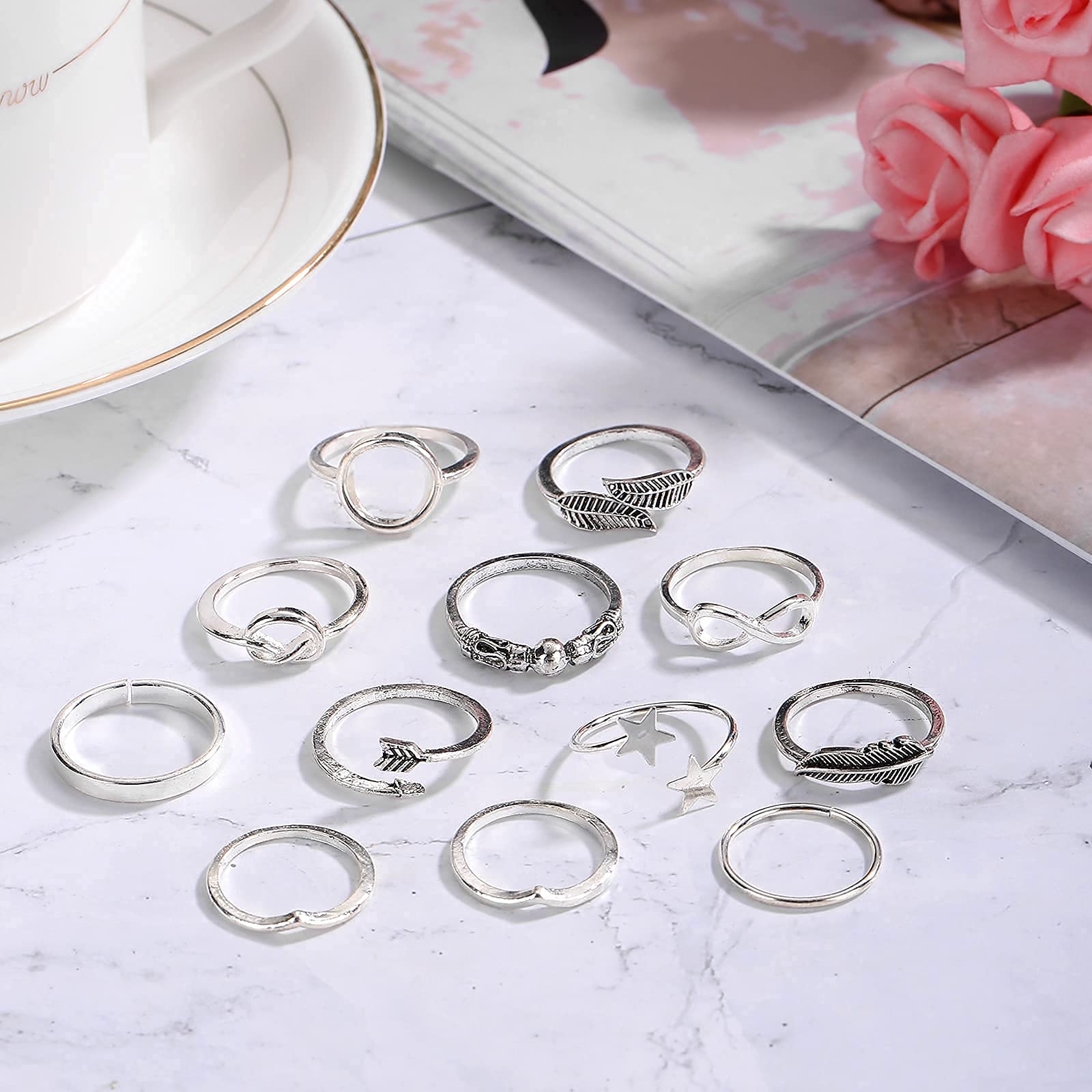 12 Pack Silver Knuckle Ring Set for Women Stackable Vintage Rings for Teen Girls Boho Trendy Finger Rings Adjustable Various Punk Rings Aesthetic Friendly Stacking Ring Sets Gifts