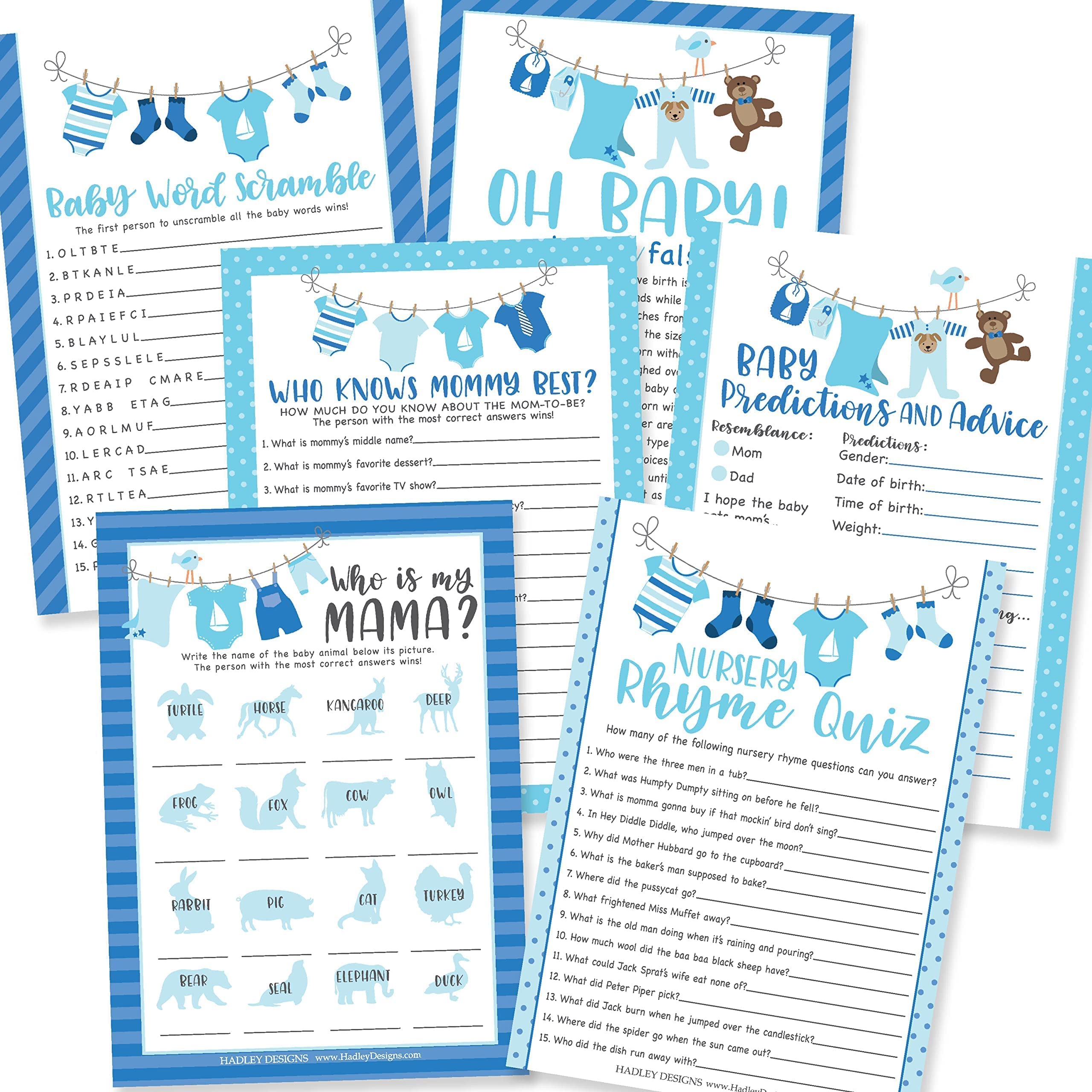 25 Blue Animal Matching, 25 Nursery Rhyme Game, 25 Word Scramble For Baby Shower, 25 True Or False Game, 25 Who Knows Mommy Best, 25 Baby Prediction And Advice Cards - 6 Double Sided Cards