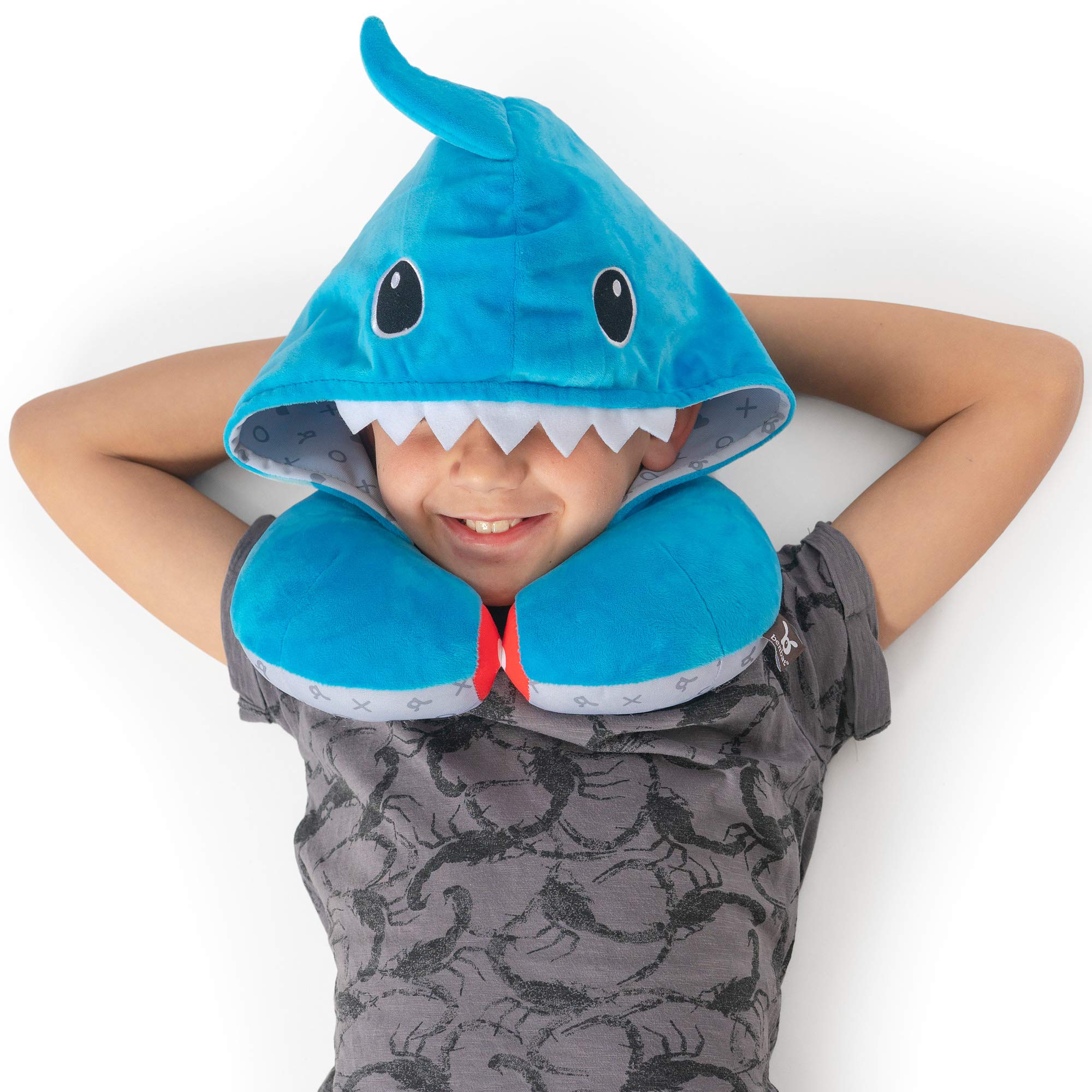BENBAT Hooded Travel Pillow Neck Support β Soft, Polyester Total Car Seat Head Support for Children 4+ with Magnetic Closure and Ponytail Hole β Machine-Washable Travel Essentials (Shark)