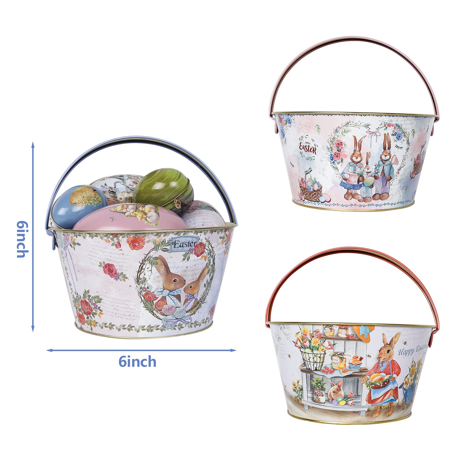 3 Pcs Easter Metal Buckets Easter Bunny Pail Baskets for Easter Eggs Hunt,Easter Pails Gift Baskets for Kids,Kids Easter Party Favor