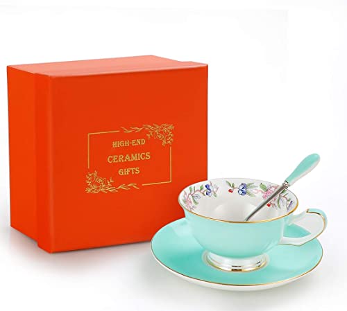 3 Piece Bone China Cup and Saucer Set with Spoon Vintage Porcelain Coffee Cup Set, Floral Tea Cup Set with Gold Trim and Gift Box, 7.1oz.