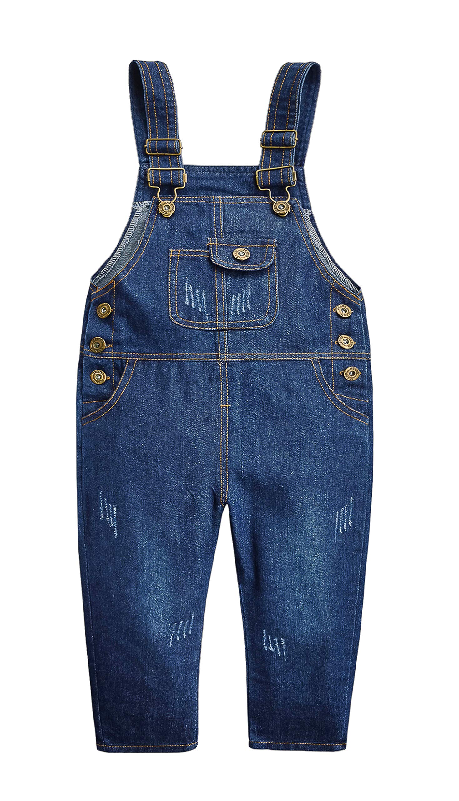 KIDSCOOL SPACE Snap Leg/Crotch Mettal Buttons Reipped Denim Overalls,Blue,18-24 Months