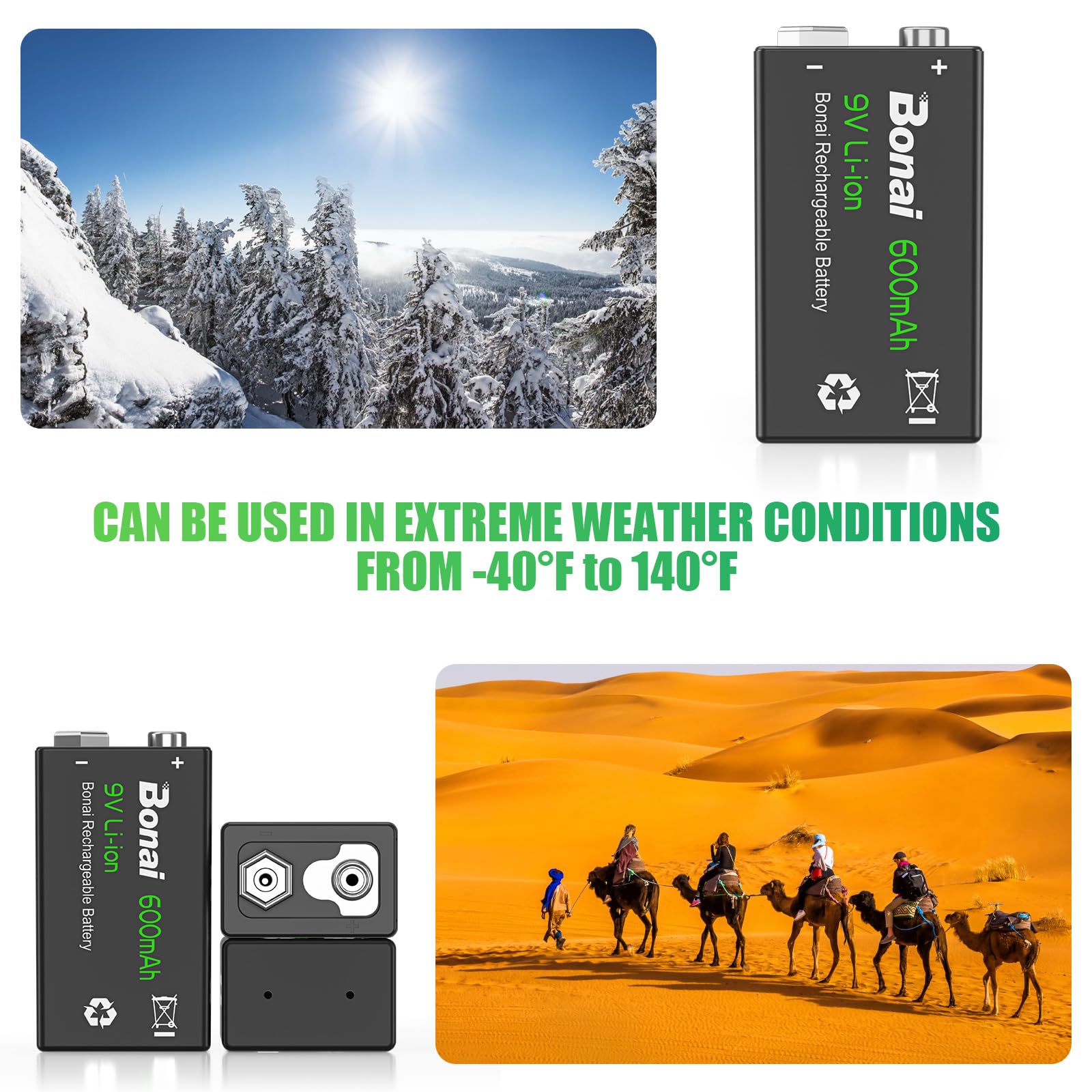 BONAI 8+1 Bay Battery Charger with LCD Display for AA AAA NiMH NiCd 9V Rechargeable Batteries with 9V Lithium Rechargeable Batteries 600mAh High Capacity Long-Lasting & Economical 4 Pack