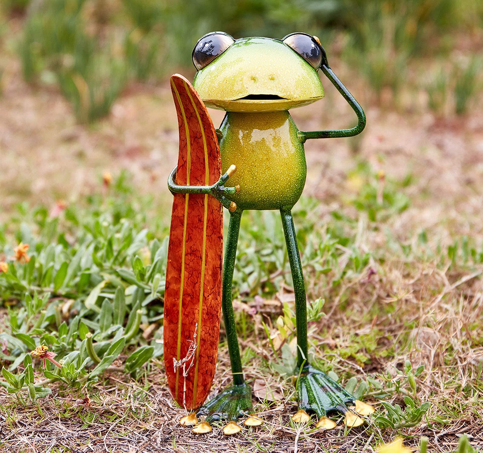Aayla 9.5" H Frog Statue - Unique Adorable Green Surfing Frog Figurine Gift Home Kitchen Garden Decor for Frog Lovers