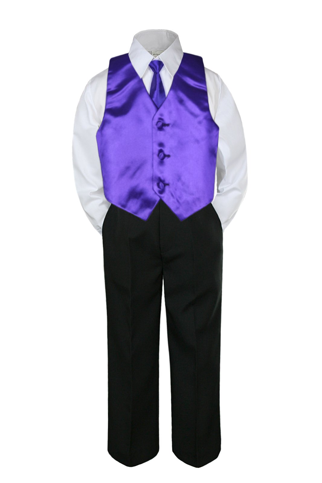 4pc Baby Toddler Kid Boy Formal Suit Black Pants Shirt Vest Necktie Set Sm-4T (3T, Purple)