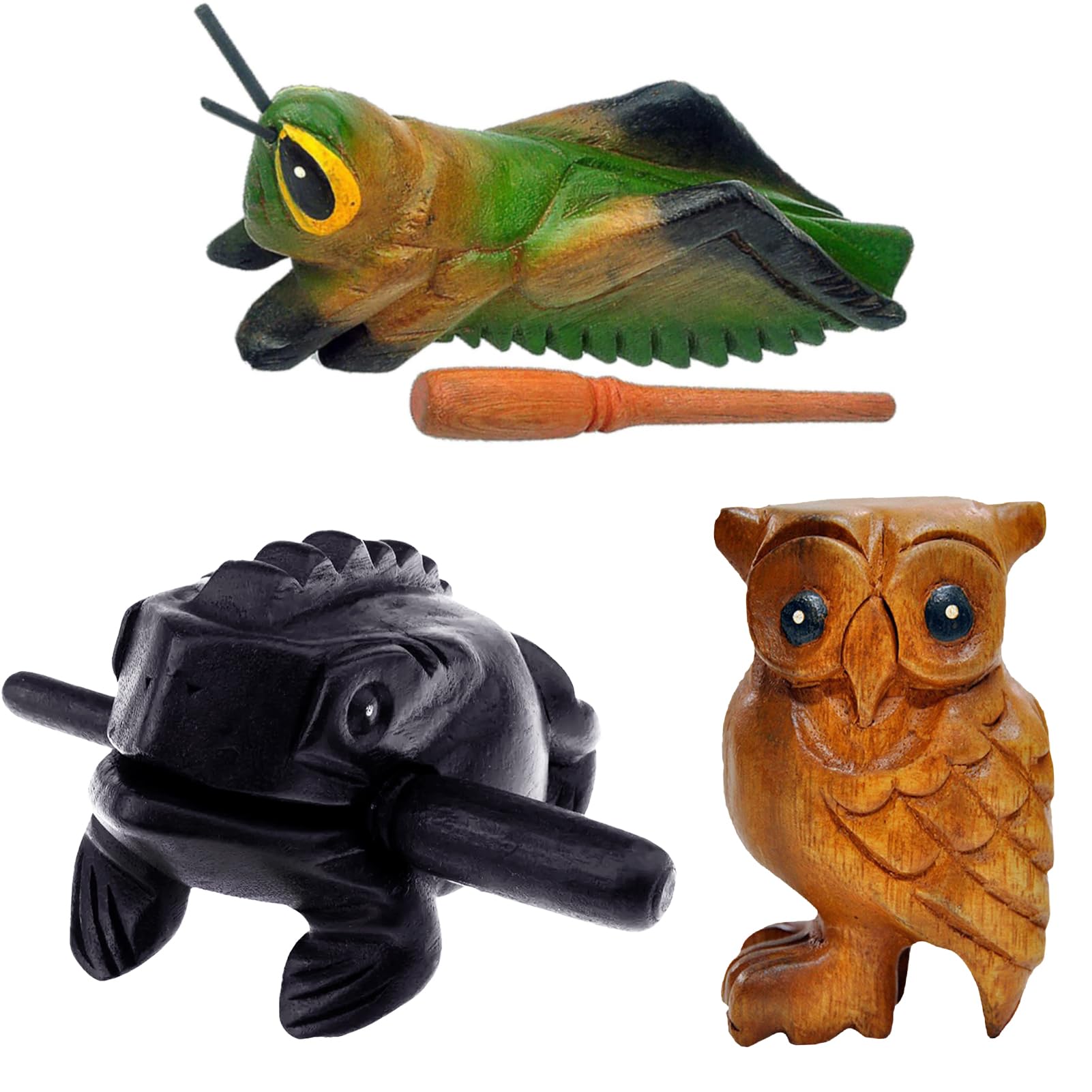 3 Pcs Handmade Wooden Percussion Instruments Animal Set, 3 Inch Wooden Frog, 4 Inch Wooden Cricket, and 2.3 Inch Wooden Owl, Artistic Craft and Unique Gift (Small)