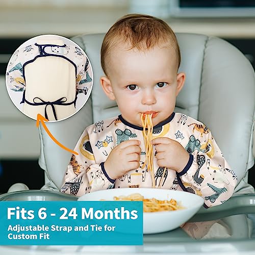 3 Pcs Long Sleeved Bib Set | Baby Waterproof Bibs with Pocket Bundle | Toddler Bib with Sleeves and Crumb Catcher | Stain and Odor Resistance Play Smock Apron - Pack of 3 | 6-24 Months
